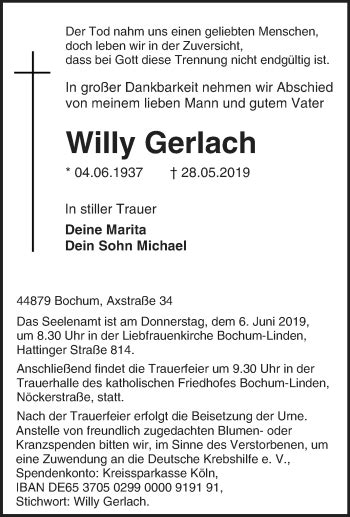 Traueranzeigen Von Willy Gerlach Trauer In NRW De