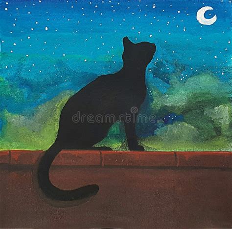 Silueta Del Gato Con La Luna Llena Stock de ilustración Ilustración