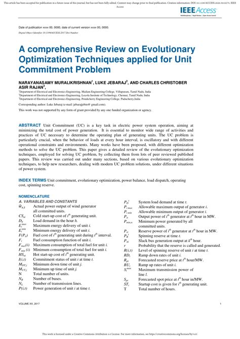 pdf a comprehensive review on evolutionary optimization techniques applied for unit commitment