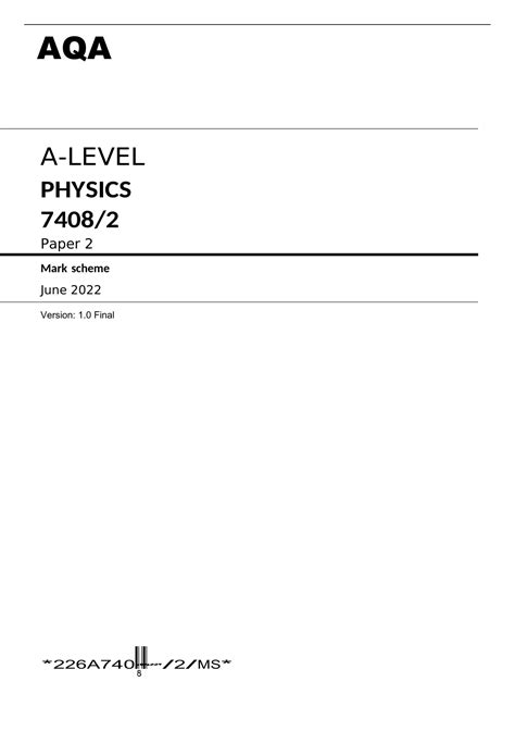 aqa a level physics 7408 2 paper 2 question paper and mark scheme june 2022 bundle stuvia us