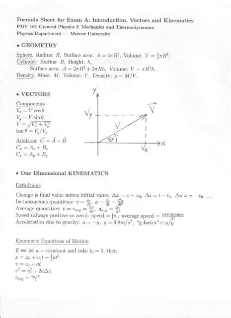 formula sheet for exam a introduction vectors and kinematics