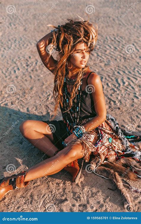 Young Hippie Style Woman On The Beach At Sunset Stock Image Image Of Accessories Hair 159565701