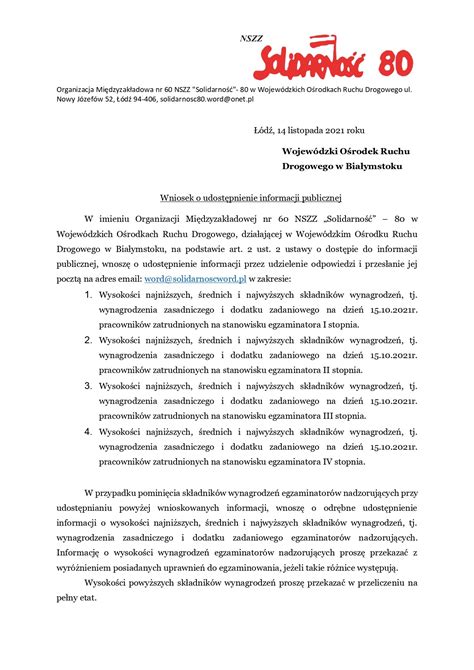 Nszz Solidarno W Word Wniosek O Informacj Publiczn