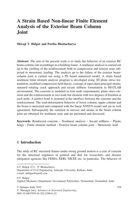 pdf a strain based non linear finite element analysis of the exterior beam column joint