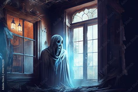 Spooky Fabric Ghost In The Abandoned Haunted House Background