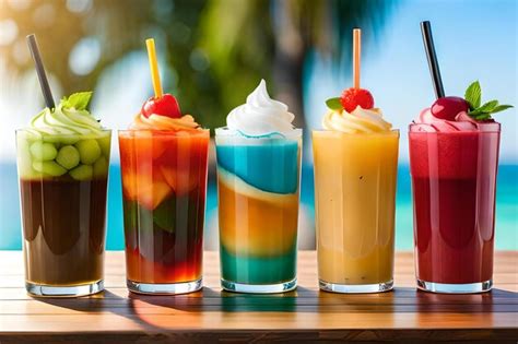Una Fila De Bebidas Coloridas Con Diferentes Colores De Frutas Foto