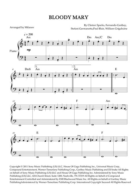 Bloody Mary Arr Milanov Sheet Music Lady Gaga Easy Piano