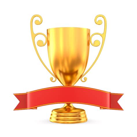 Taça do troféu de ouro e fita vermelha em fundo branco ilustração 3d