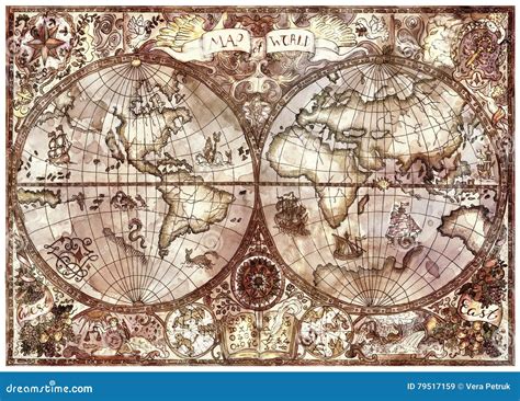 Vintage Illustration Of Old Atlas Map Of World On Ancient
