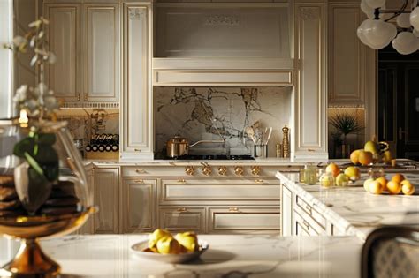 Premium Photo Elegant Kitchen With Marble Countertops And Gold A