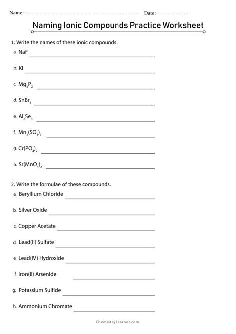 Free Printable Naming Ionic Compounds Worksheets