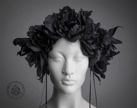 Black Flower Crown Wreath Headdress With Flowers Handmade Silk