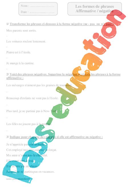 Formes de phrases Affirmative Négative Cm1 Exercices corrigés