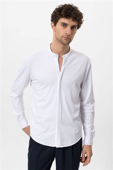 Antioch Beyaz Erkek Hakim Yaka Gizli Düğme Uzun Kollu Slim Fit Gömlek