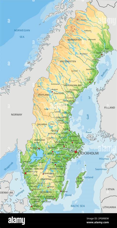 Mapa físico de Suecia muy detallado con etiquetado Imagen Vector de