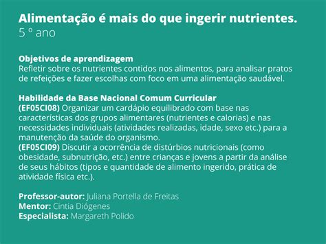 Plano de aula 5o ano Alimentação é mais do que ingerir nutrientes
