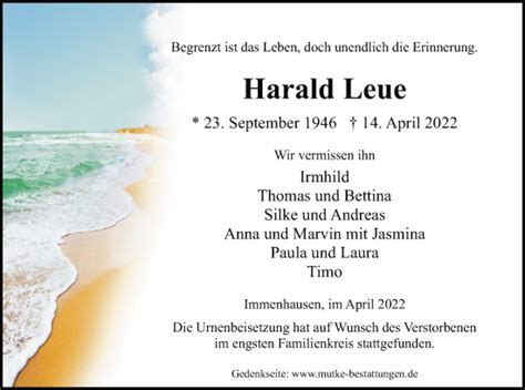 Traueranzeigen Von Harald Leue Trauer Hna De