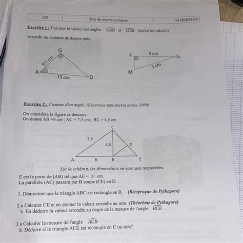 Ex1 Calculer La Valeur Des Angles Ex2 Calculer Le Cosinus Dun Angle
