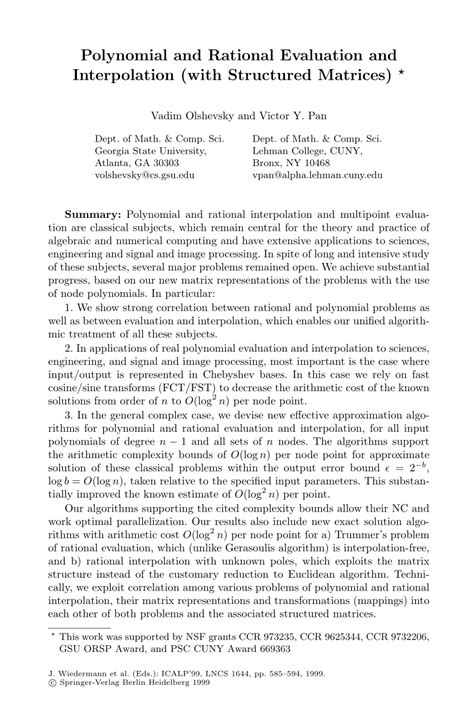 pdf polynomial and rational evaluation and interpolation with structured matrices