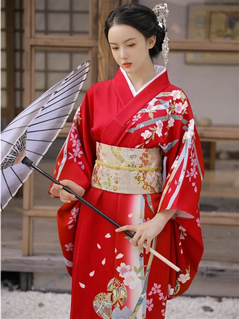 Women S Japanese Traditional Kimono Red Color Floral Prints Long Sleeve