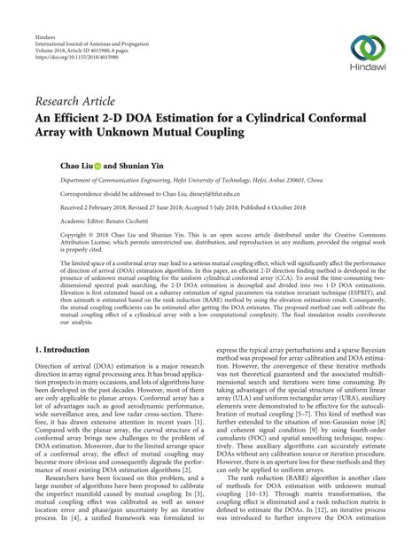 pdf an efficient 2 d doa estimation for a cylindrical conformal array with unknown mutual coupling