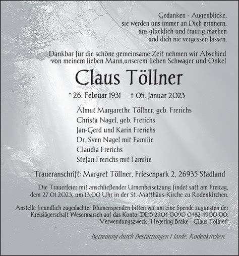 Traueranzeigen von Claus Töllner nordwest trauer de
