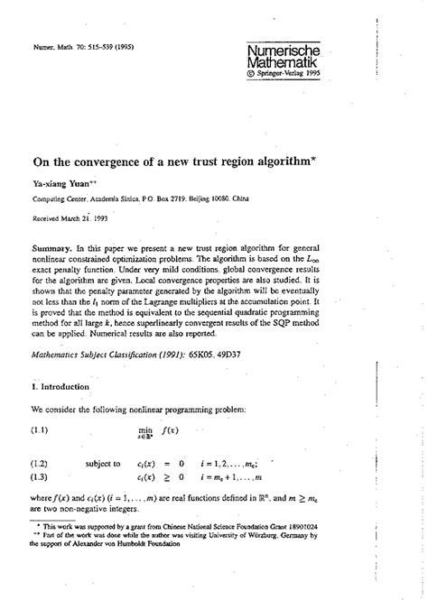 pdf on the convergence of a new trust region algorithm