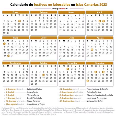 Calendario laboral 2023 días festivos y puentes en Canarias
