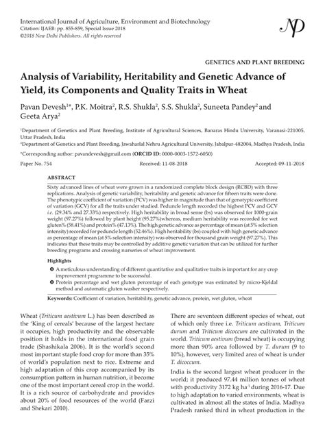 pdf analysis of variability heritability and genetic advance of yield its components and