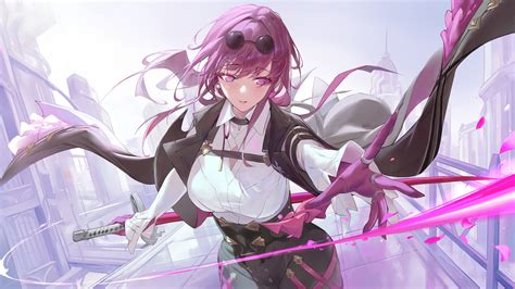 Wallpaper Armor Black Hair Gloves Katana Purple Eyes