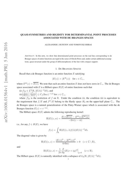pdf quasi symmetries and rigidity for determinantal point processes associated with de branges