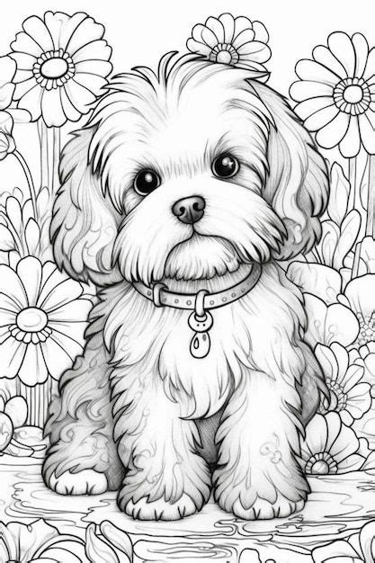 Um Desenho De Um Cachorro Shih Tzu Em Um Campo De Flores Foto