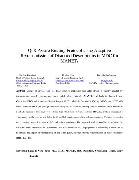 pdf qos aware routing protocol using adaptive retransmission of distorted descriptions in mdc