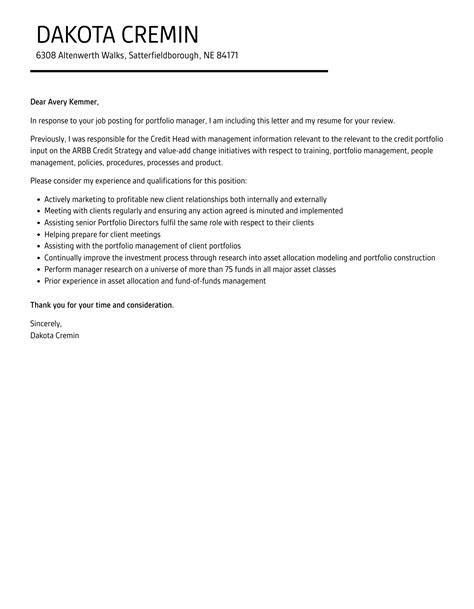 Portfolio Manager Cover Letter Velvet Jobs