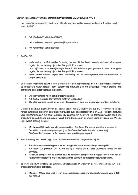 Oefenvragen Week 1 En 2 Met Antwoorden OEFENTENTAMENVRAGEN Burgerlijk