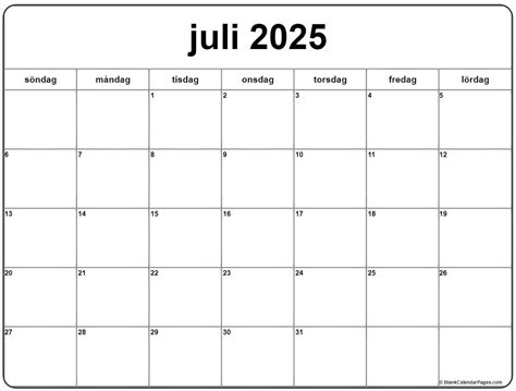 Juli 2025 Kalender Svenska Kalender Juli