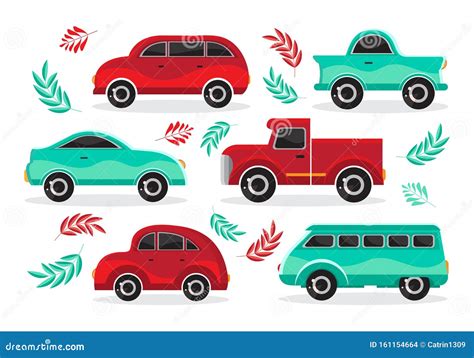 Conjunto De Coches De Dibujos Animados Verdes Y Rojos En Vector Plano