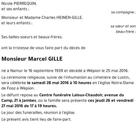 Avis de décès de Marcel GILLE décédé le 25 05 2016 à Wépion annonce