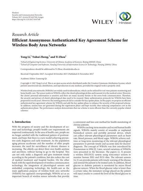 pdf efficient anonymous authenticated key agreement scheme for wireless body area networks