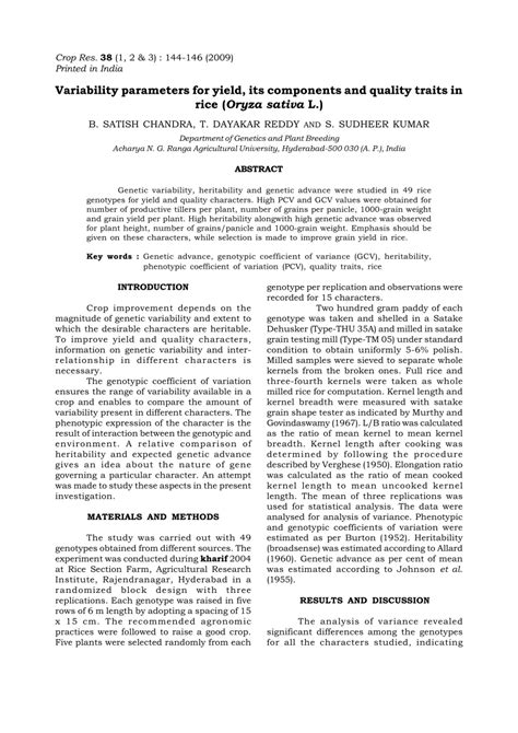 pdf variability parameters for yield its components and quality traits in rice oryza sativa l