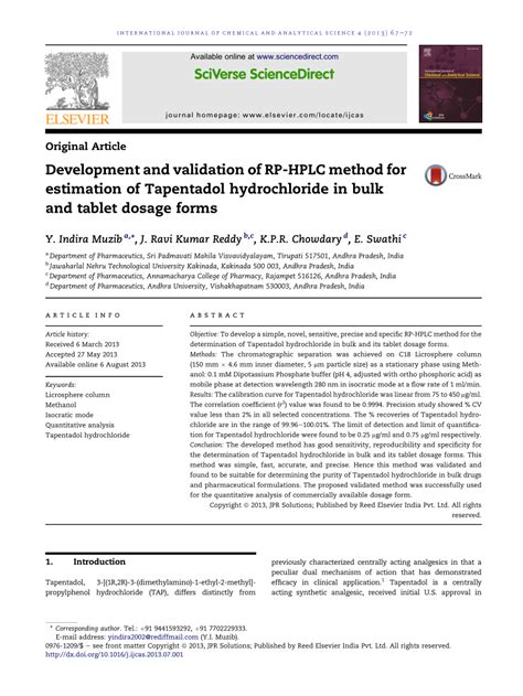 pdf development and validation of rp hplc method for estimation of tapentadol hydrochloride in