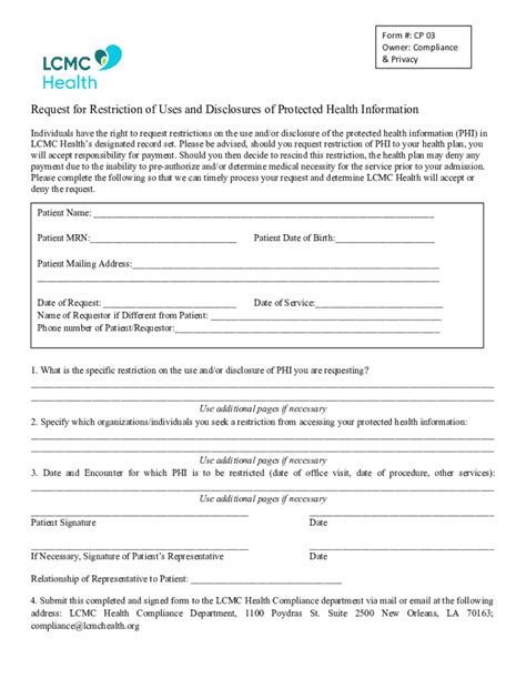 Fillable Online Request For Restriction Of Uses And Disclosures Of