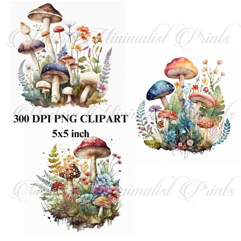 Mushroom Watercolor Clipart Watercolor Forest Art Fantasy Etsy