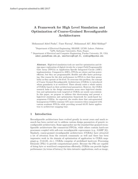 pdf a framework for high level simulation and optimization of coarse grained reconfigurable