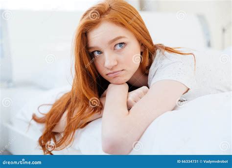 Pensive Redhead Woman Lying On The Bed Stock Image Image Of Adult