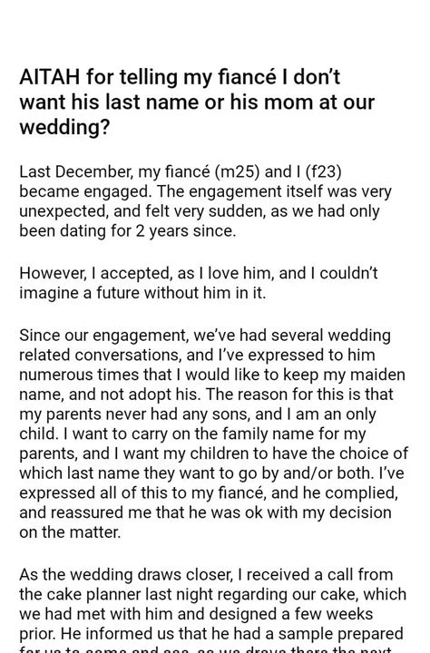 Aitah For Telling My Fiancé I Dont Want His Last Name Or His Mom At Our Wedding