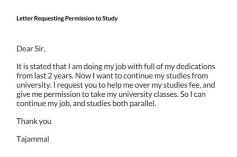 Permission Letter To Study While Working Sample Letters