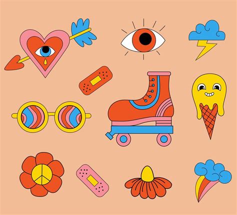 Retro S Vibe Hippie Stickers Psychedelic Groovy Elements Cartoon