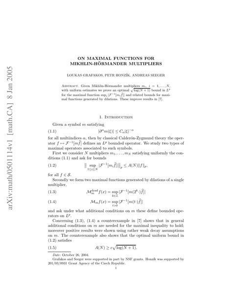 pdf on maximal functions for mikhlin hoermander multipliers