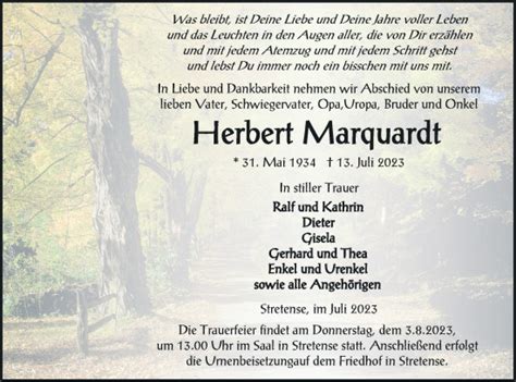 Traueranzeigen Von Herbert Marquardt Trauer Nordkurier
